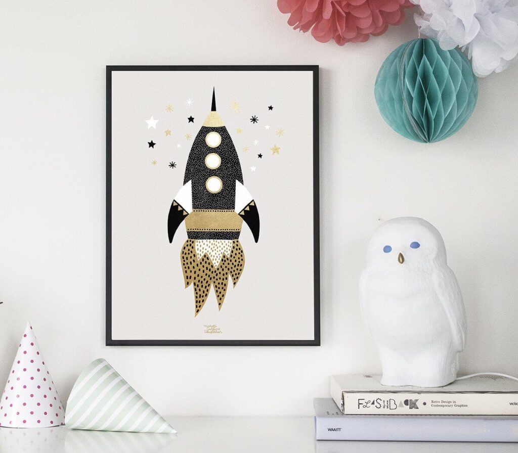 Gold Space ship poster - Michelle Carlslund Illustration